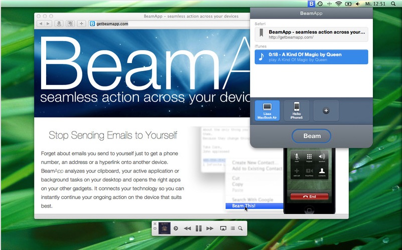 Con BeamApp puoi scambiare musica, link e altri dati tra iPhone e Mac